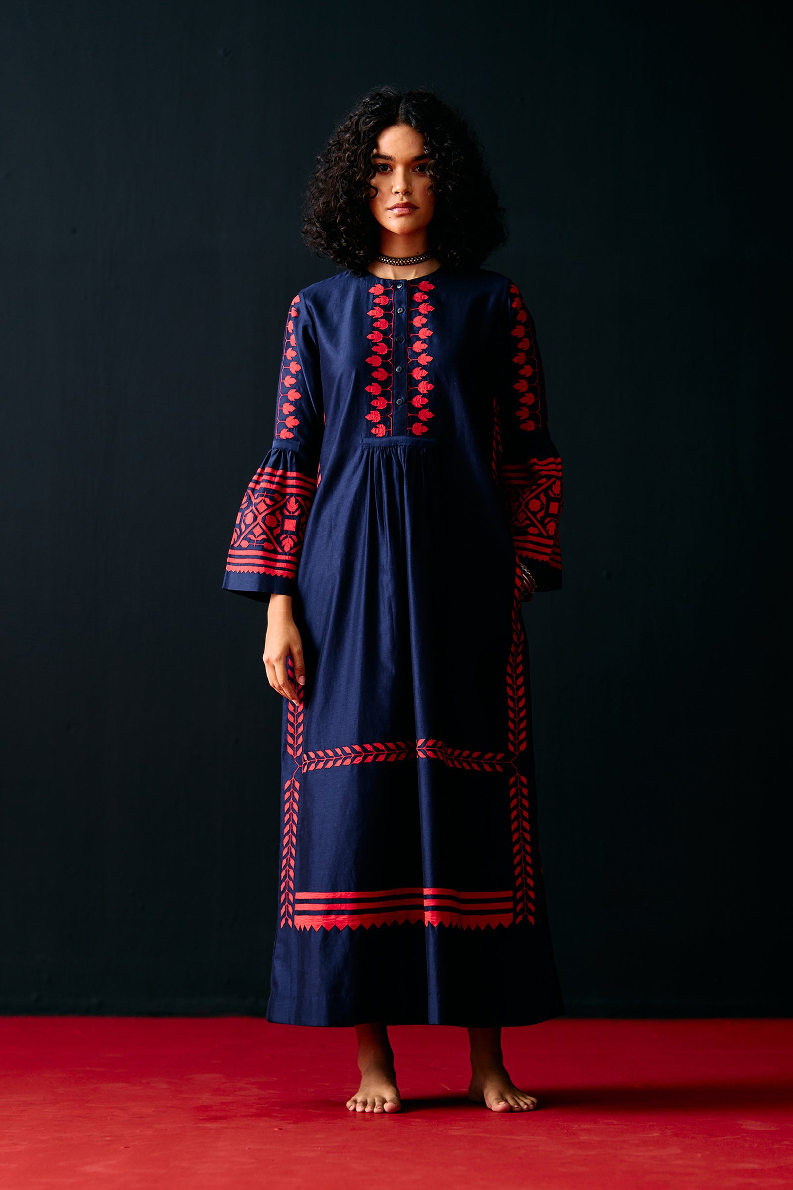 NAVY BELL SLEEVE APPLIQUE' DRESS – ikaibyraginiahuja.com